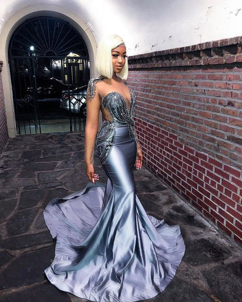 Beaded Satin Strapless Long Train Prom Dress cg11263 – classygown