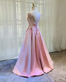 Pink Lace And Satin Floor Length Junior Prom Dress, Long Evening Dress ...