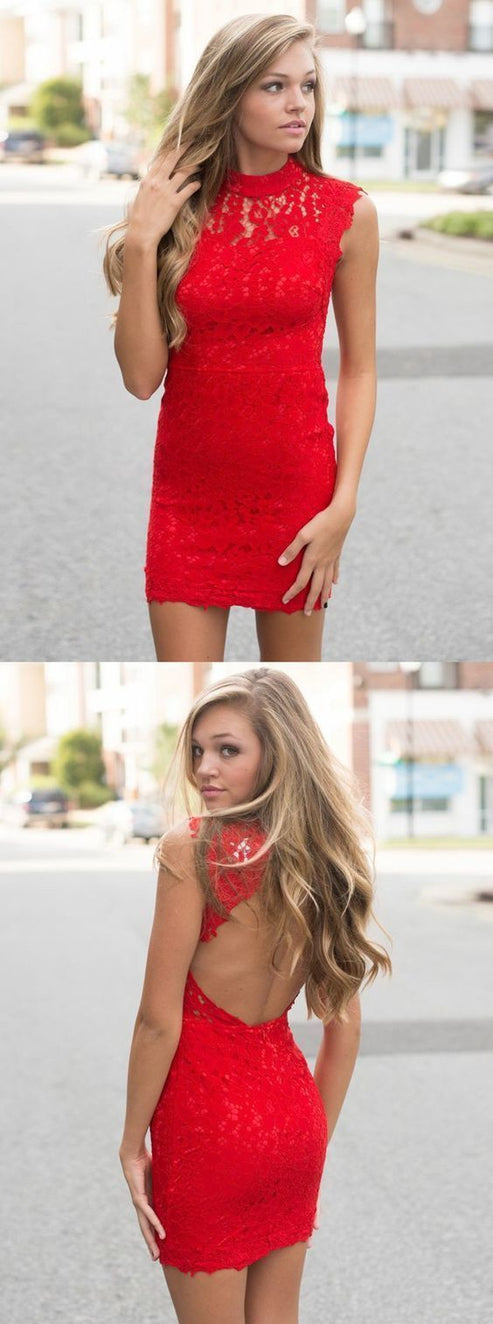 red short homecoming dresses, lace tight short dresses, open back body ...