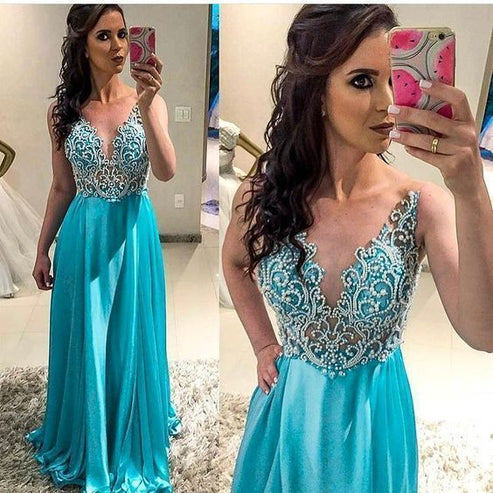 A-Line Beaded Lace Chiffon Long Prom Dresses Formal Evening Dresses cg ...