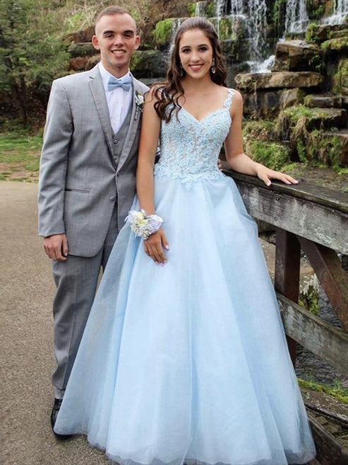 Spaghetti Straps V Neck Light Blue Lace Prom Dresses cg14389 – classygown