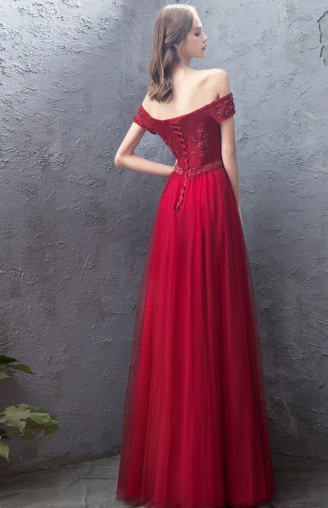 Burgundy Tulle Off Shoulder Long Prom Dress Burgundy Evening Dress Cg