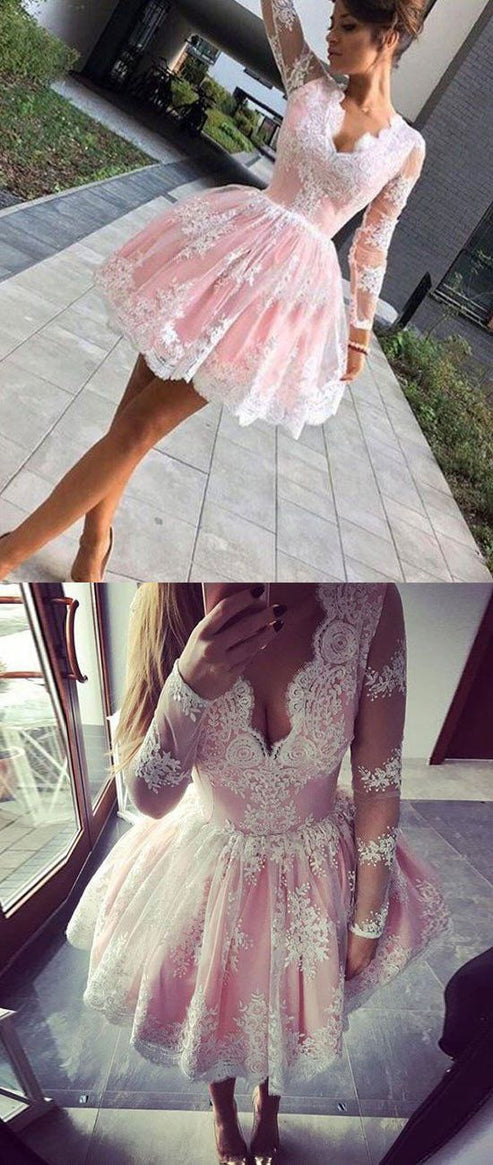 long sleeves homecoming dresses,v-neck homecoming dresses,short homeco ...