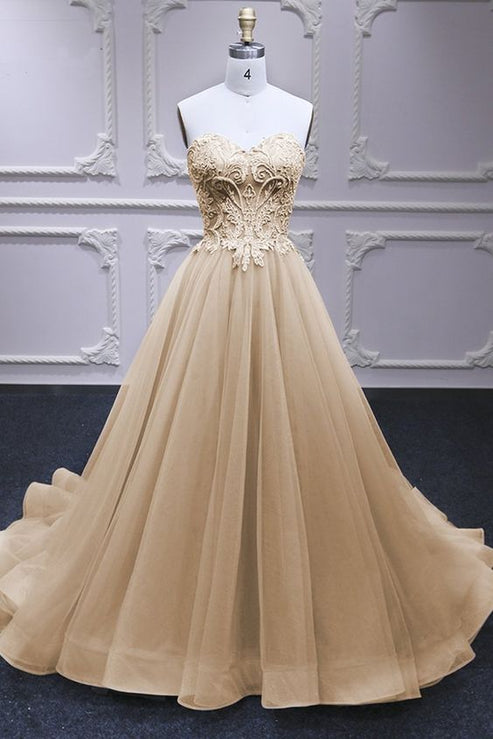 Sweetheart Champagne Tulle A Line Beaded Long Lace Pageant Dress, Swee ...